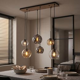 hofstein Koyoto Pendelleuchte Holz-Metall 6-flammig mit mehrfarbigen Glasschirmen &oslash; 15/20 cm Naturfarbene Deckenplatte, E27-Fassungen, extern dimmbar, bei 