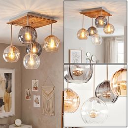 hofstein Cluster-Deckenleuchte Koyoto mit Holzlamellenplatte und 5 Glasschirmen Gestell in Naturfarben, Riffelglas in Klar, Bernstein und Rauch, E14, 25 Watt
