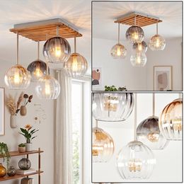 hofstein Kugel-Deckenleuchte Koyoto, naturfarbene Holzlamellenplatte, Glasschirme in Klar, Bernstein und Rauch Metall, 5-flammig, &oslash; 15 cm, E14, 25 Watt