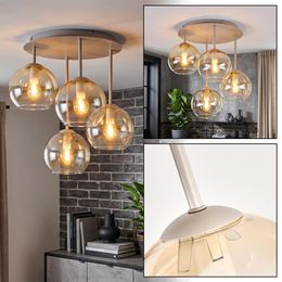 hofstein Koyoto Kugel-Deckenleuchte 4-flammig mit bernsteinfarbenem Glasschirm, &oslash; 15 cm Metallgestell in Sandfarben, runde Deckenplatte, E14 und 25 Watt