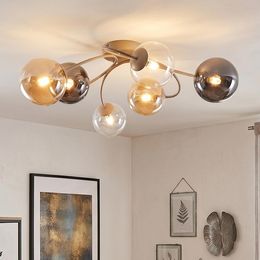 hofstein Chehalis Deckenleuchte mit Glaskugeln, 6-flammige Sputnik Deckenlampe, &Oslash; 58 cm mehrfarbige Kugelschirme &Oslash; 12 cm, sandfarben-wei&szlig;es Metallgestell, G9, extern dimmbar
