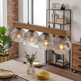 hofstein Esstisch-H&auml;ngeleuchte Ripoll mit Holzbalken, h&ouml;henverstellbar bei Montage E14 Esszimmerlampe mit gerippten Glasschirmen &oslash; 15 cm, f&uuml;r Wohn- und Schlafzimmer im Retro-Boho-Stil