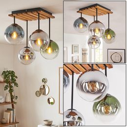 hofstein Boho-Style Kugelleuchte Gastor mit Holzlamellenplatte und 4 bunten Glasschirmen runde mehrfarbige Glasschirme &oslash; 15 cm, E14-Fassung, f&uuml;r Wohnzimmer, Esszimmer und Flur