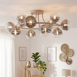 hofstein Chehalis Glaskugel Deckenleuchte, 12-flammig, klare und rauchfarbene Glasschirme Metallgestell in Sandfarben, &oslash; 76 cm, G9-Fassung, 15 Watt