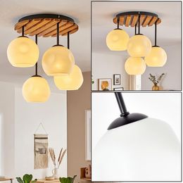 hofstein Boho Kugel-Deckenleuchte Ripoll mit 4 wei&szlig;en Glasschirmen und naturfarbenen Holzlamellen Schwarzes Metall, runde Deckenplatte, E14-Fassung, &oslash; 39,5 cm