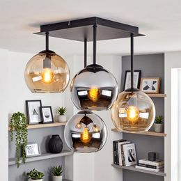 hofstein Cluster-Deckenleuchte Koyoto mit 4 Schirmen in Bernstein, Chrom und Rauch, E14 Metallgestell, quadratische Deckenplatte, Glaskugeln &oslash; 15 cm, 25 Watt