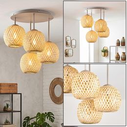 hofstein Basto Bambus Deckenleuchte 4-flammig, Boho Design mit naturfarbenen Kugelschirmen Metall in Sandfarben-Wei&szlig;, Schirme &oslash; 15 cm, Deckenplatte &oslash; 38 cm, 