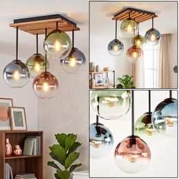 hofstein Gastor Deckenleuchte mit Glaskugeln, 5-flammig, bunte Glasschirme im Retro-Stil Naturfarbene Tannenholz-Deckenplatte mit Metallgestell und E14-