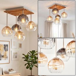 hofstein Cluster-Deckenleuchte Koyoto mit Holzlamellen-Abdeckung und 5 Glasschirmen, 25 Watt Glasschirme in Bernstein, Klar und Rauch, E14