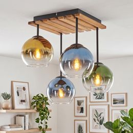 hofstein Koyoto 4-flammige Deckenleuchte mit bunten Glasschirmen &oslash; 15 cm, Tannenholz E14-Fassungen, extern dimmbar; f&uuml;r Esszimmer und Wohnzimmer im Boho-, 