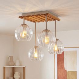 hofstein Boho Kugelleuchte Koyoto mit 4 klaren Riffelglasschirmen, Holzlamellenplatte in Naturfarben Metallrahmen, E14-Fassung, 25 Watt, Durchmesser 15 cm