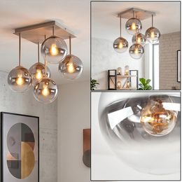 hofstein Gastor Kugel-Deckenleuchte aus Glas, 5-flammig, E14, rauchfarbene Glaskugeln Metallgestell in Sandfarben-Wei&szlig;, quadratische Deckenplatte, &uuml;ber 