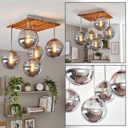 hofstein Holz-Cluster-Deckenleuchte Gastor mit Kugelschirmen, 5-flammig, Lamellenplatte Rauchglas, &oslash; 15 cm, E14-Fassung, 25 Watt, Gestell in Naturfarben