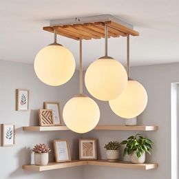 hofstein Gastor Tannenholz Deckenleuchte mit wei&szlig;en Glaskugeln, 4-flammig, &oslash; 15 cm f&uuml;r Esszimmer und Wohnzimmer, skandinavischer Boho-Look mit eckiger 