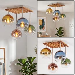 hofstein Koyoto 4-flammige Deckenleuchte mit bunten Glaskugeln und Tannenholz-Lamellen Aus Holz in Naturfarben und Metall mit E14-Fassung und 25 Watt