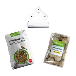 Vogelfutter Basis Set mit Futterhaus &ndash; Premium Streufutter 10 kg, Futterhaus f&uuml;r Fensterscheibe 1 Stk, Meisenkn&ouml;del ohne Netz 100 Stk