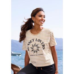 H.I.S. H.I.S T-Shirt 'SandandStripesRNT2' mehrfarbig Gr. 44/46 f&uuml;r Damen. Rundhals und Druck, Schriftz&uuml;ge. Figurumspielend. Nachhaltig.
