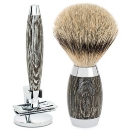 M&uuml;hle EDITION 3-teiliges Rasierset, Silberspitz Dachszupf, klassischer Rasierhobel, Griffmaterial Mooreiche und Silber