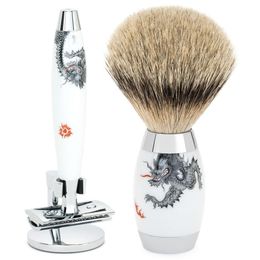 M&uuml;hle EDITION 3-teiliges Rasierset, Silberspitz Dachszupf, klassischer Rasierhobel, Griffmaterial Meissener Porzellan, handbemalt mit dem Motiv des Ming-