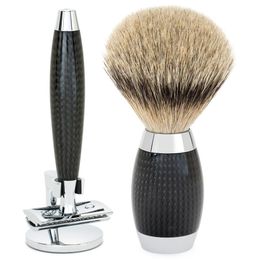 M&uuml;hle EDITION 3-teiliges Rasierset, Silberspitz Dachszupf, klassischer Rasierhobel, Griffmaterial Carbon
