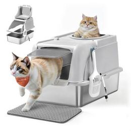 FEANDREA Edelstahl Katzentoilette XL mit Deckel 2 Eing&auml;ngen