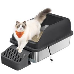 FEANDREA Katzenklo Edelstahl XXL, Offene Katzentoilette mit Schaufel, f&uuml;r Gro&szlig;e Katzen