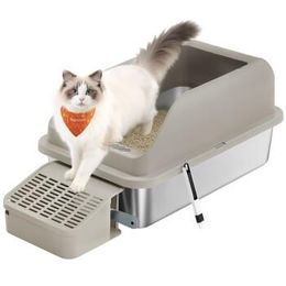 FEANDREA Katzenklo Edelstahl XXL, Offene Katzentoilette mit Schaufel, f&uuml;r Gro&szlig;e Katzen