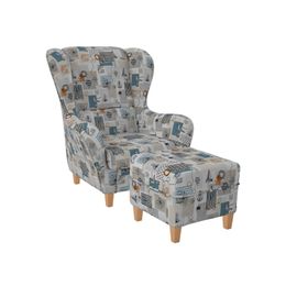 Supellex Sofia Ohrensessel mit Hocker Design Patchwork C&ocirc;te D'Azur