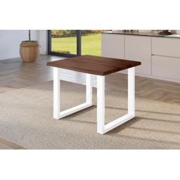 Esstisch Baumkante Holz-Optik Nussbaum 80 x 80 U-Gestell wei&szlig; JULIUS
