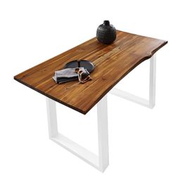 Esstisch Baumkante Massiv Akazie cognac 120 x 80 wei&szlig; Esra