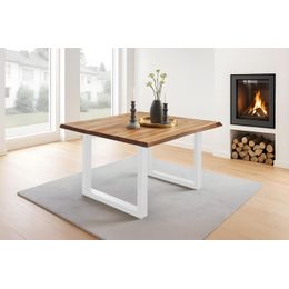 Esstisch Baumkante massiv Akazie natur 80 x 80 wei&szlig; NIAH