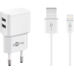 goobay Apple Lightning Dual-Ladeset (12 W), Netzteil mit 2x USB-Anschl&uuml;ssen, Apple Lightning-Kabel, 1 m, wei&szlig;