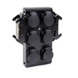 Ultralite Powerbox 6 (Alu) mit 2. Hartinganschluss, SCHWARZ IN 1x HB16 / OUT 6x Schuko OUT 1x HB16, inkl. M10 H&uuml;lse