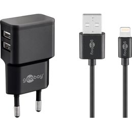 goobay Apple Lightning Dual Ladeset 2,4 A, Schwarz, 1 m - Netzteil mit 2x USB-Buchse und Apple Light