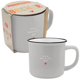 XL-Becher in Emailleoptik mit Motivdruck "Sch&ouml;n, dass es dich gibt"