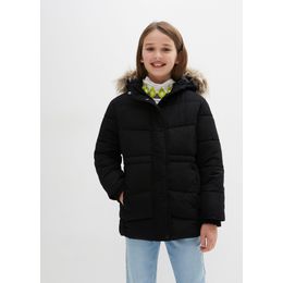 bonprix warm gef&uuml;tterte Steppjacke mit Fellkapuze, schwarz, Gr.128/134, W&auml;rmende M&auml;dchen Winterjacke mit gro&szlig;er Kapuze