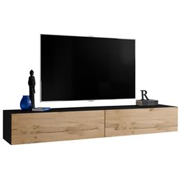 Komodee Tv-H&auml;ngeboard, Schwarz, Eiche Wotan, Holzwerkstoff, Rechteckig, 200x30x41.5 cm, Wohnzimmer, Wohnw&auml;nde, Lowboards, Lowboards stehend