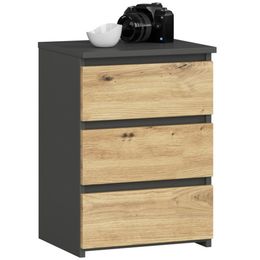 Akord Nachtschrank, Grau, Eiche Artisan, Holzwerkstoff, Nachbildung, 3 Schubladen, Rechteckig,Rechteckig, 40x57x35 cm, Schlafzimmer, Nachttische