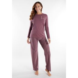 Tom Tailor Damen Schlafanzug "Sitia", Gr. 42lila, mittel, streifen, Obermaterial: 95% Baumwolle, 5% Elasthan, gestreift, Homewear-Sets, Langarm,