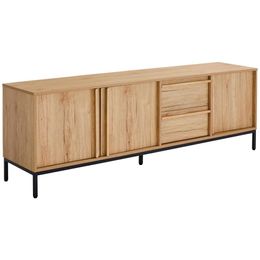 Milino Lowboard Wabi, Eiche, Holzwerkstoff, Metall, Kautschukholz, vollmassiv, 3 F&auml;cher, 2 Schublade(n) Schubladen, 180x60.5x40 cm, ISO 9001, Reach, Bsci, DIN EN ISO 14001, FSC Mix, Beim&ouml;bel erh&auml;ltlich, Wohnzimmer, Wohnw&auml;nde, Lowboards