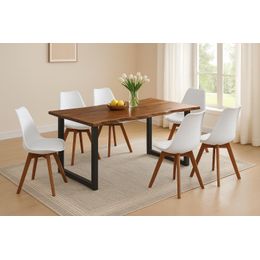 Tischgruppe 7tlg. Quinn / nussbaumfarben / 160x85 / Schalenstuhl Wei&szlig;