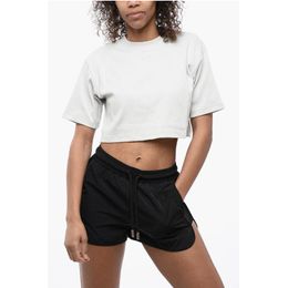 Off-White Geripptes, kurzes T-Shirt mit Rundhalsausschnitt in Grau