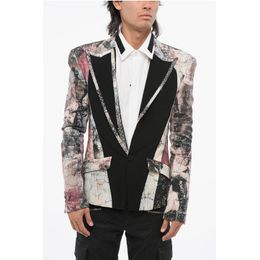 Balmain Gemusterter Blazer aus Leinen mit 1 Knopf und Mittelschlitz, steigendem Revers, mehrfarbig
