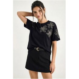 Blumenbesticktes Rundhals-T-Shirt