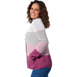 WITT Damen Ajourstrickjacke mit V-Ausschnitt, erika-ecru-geringelt, Gr&ouml;&szlig;e 46