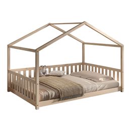 Vipack Dallas Boden-/Daybett in Hausoptik, umbaubar, mit Umrandung, 140 x 200 cm Liegefl&auml;che, inkl. Rolllattenrost, Kiefer Natur lackiert