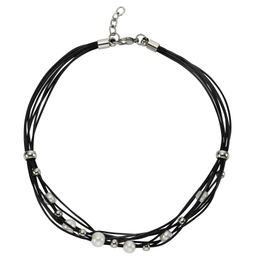 ZEEme Stainless Steel Halskette Leder schwarz mit Stahlkugeln und wei&szlig;en Perlen