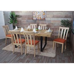 6er-Set Esszimmerstuhl MCW-G46, K&uuml;chenstuhl Stuhl, Stoff/Textil Massiv-Holz ~ naturfarbenes Gestell, orange