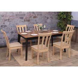 6er-Set Esszimmerstuhl MCW-G46, K&uuml;chenstuhl Stuhl, Stoff/Textil Massiv-Holz ~ naturfarbenes Gestell, beige