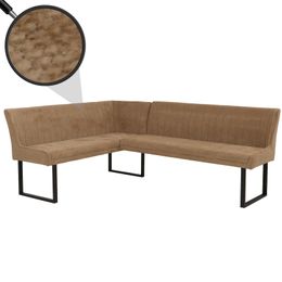 Eckbank MCW-O82, Esszimmerbank Bank, &Ouml;ko-Tex (310g/m&sup2;) Chenille Stoff/Textil Metall 159x210cm ~ hellbraun